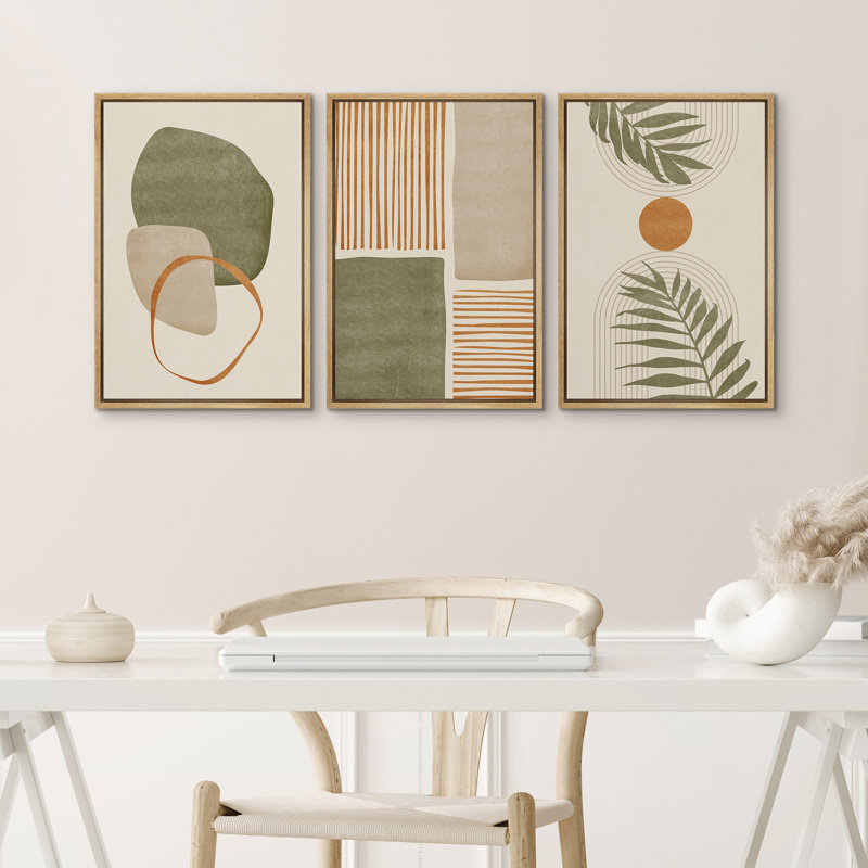 IDEA4WALL Mid Century Modern Boho Organic Tropical Leaf Abstract Framed Canvas 3 Pieces Print ...